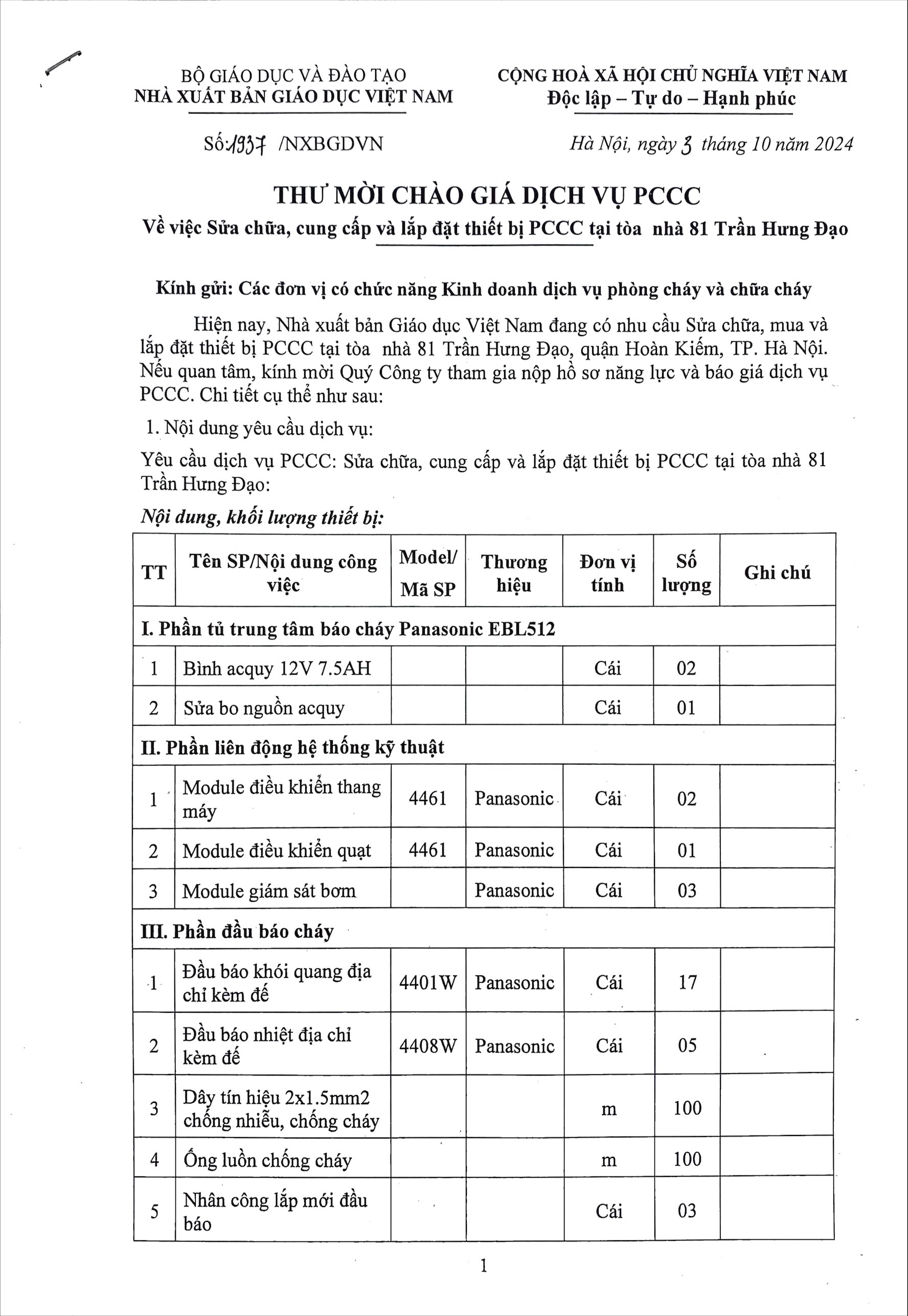 Thư mời chào giá dịch vụ PCCC tại toà nhà 81 Trần Hưng Đạo